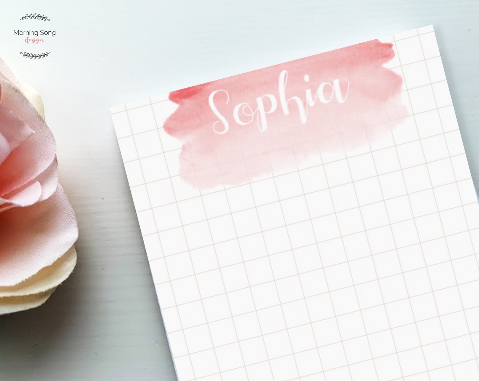 Personalized Name Grid Notepad | Watercolor Pink Custom Notepad ...