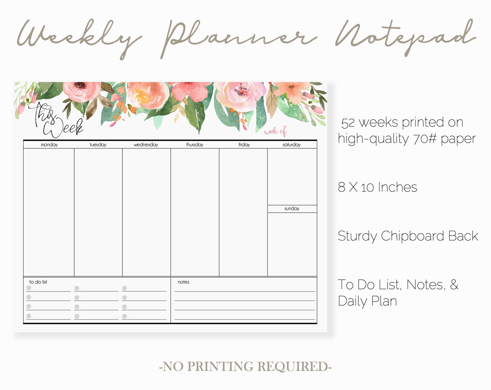 Floral Weekly Planner Pad 2020 Weekly Planner Pink Weekly - Etsy