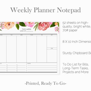 Weekly Planner Pad | Pink Floral Weekly Desktop Planner | Day Schedule ...