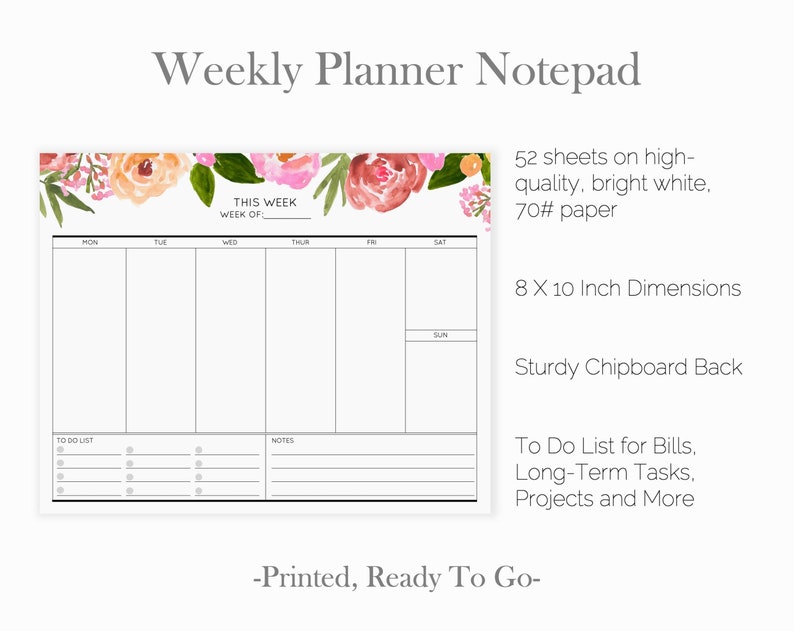 Weekly Planner Pad Pink Floral Weekly Desktop Planner Day - Etsy