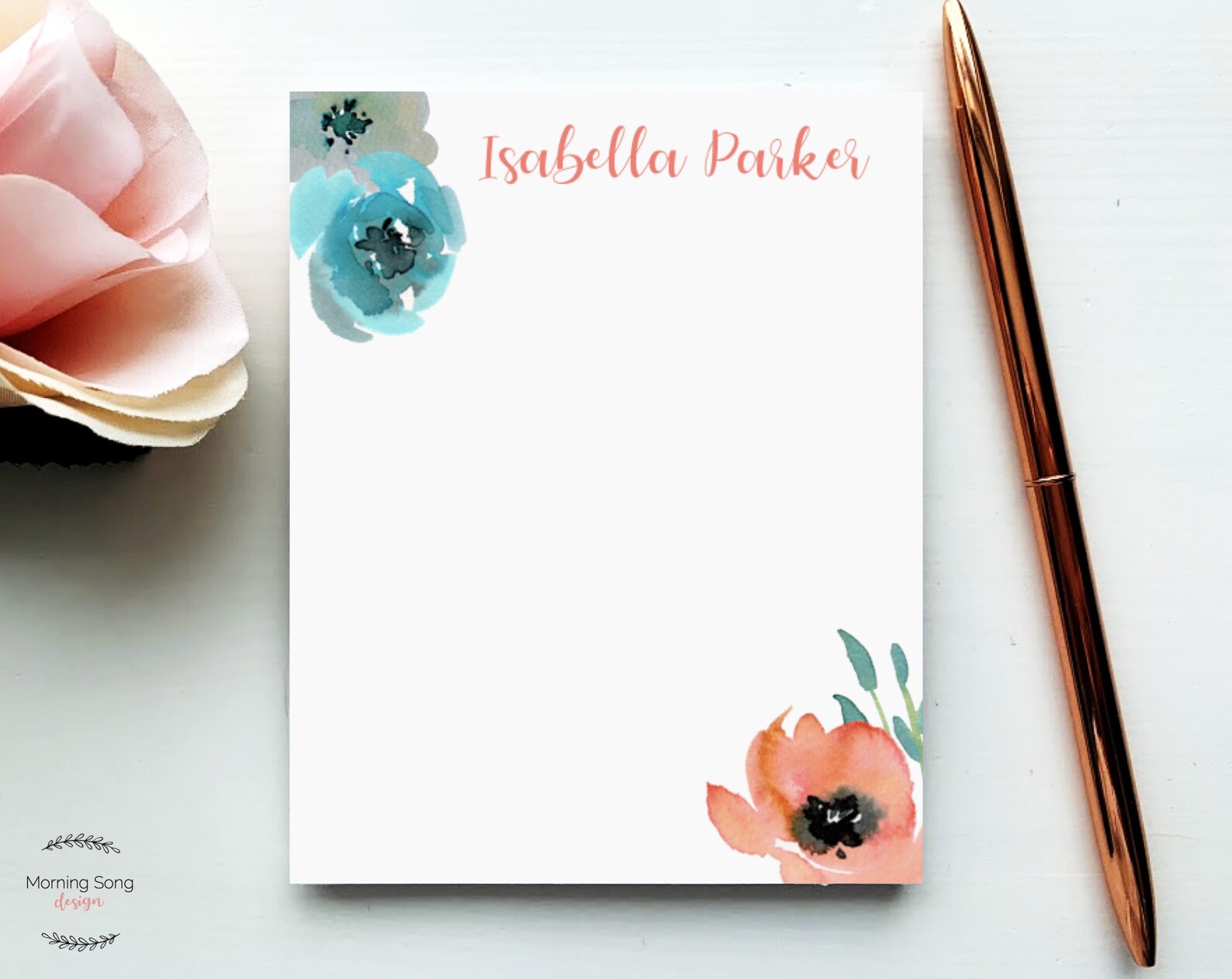 Personalized Floral Notepad With Custom Name | Pink and Blue Flower ...