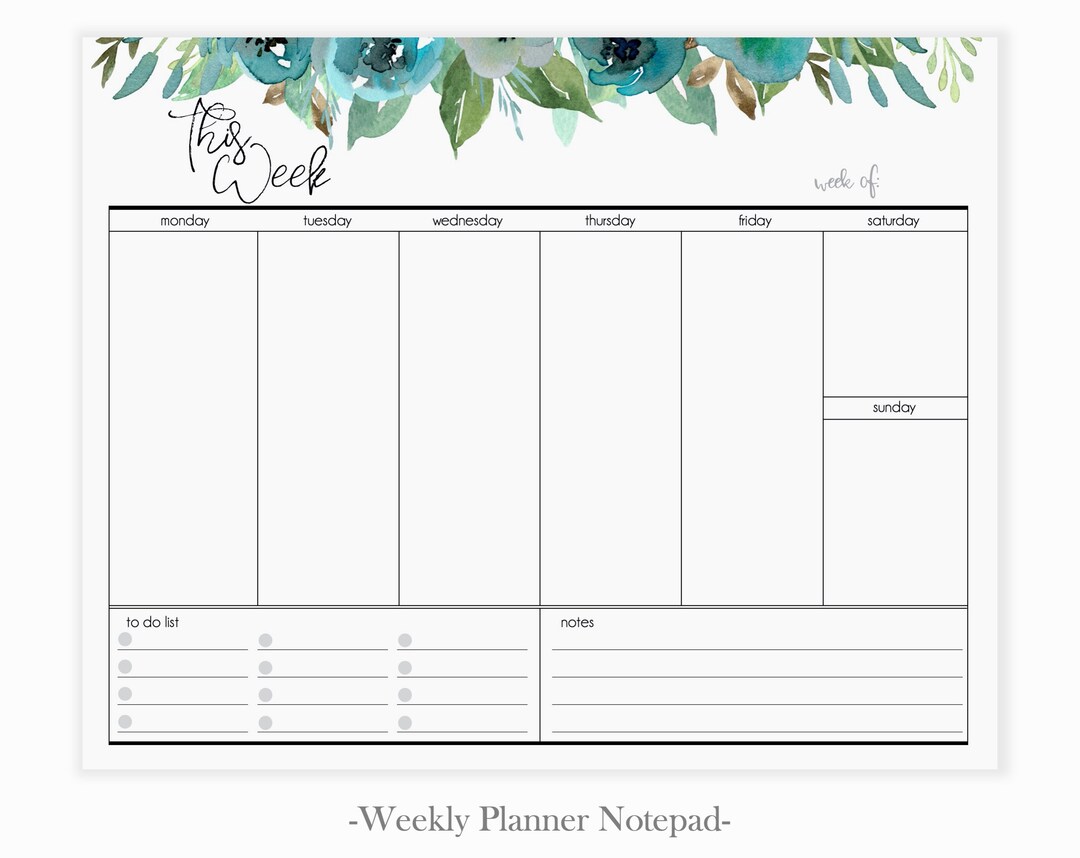 Weekly Planner Pad | Blue Floral Weekly Desktop Planner | Day Schedule ...