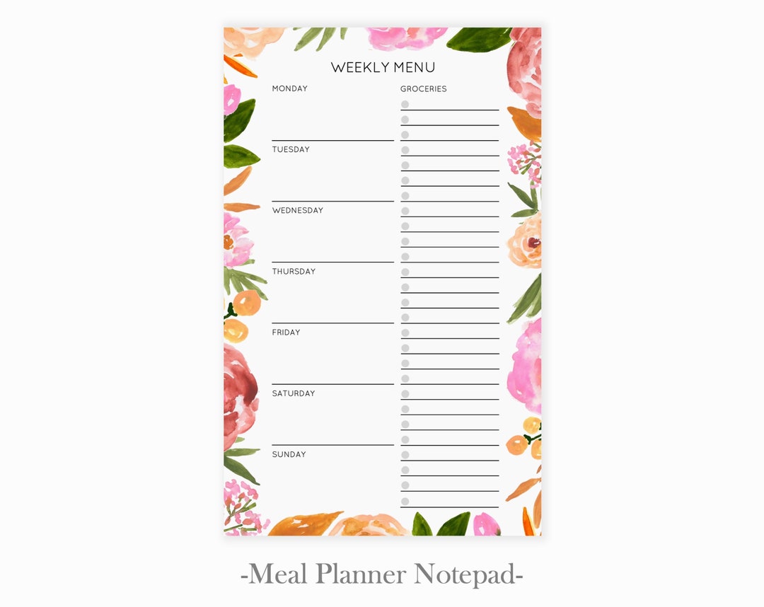Weekly Meal Planner Notepad | Pink Floral Menu Planner Pad Grocery List ...