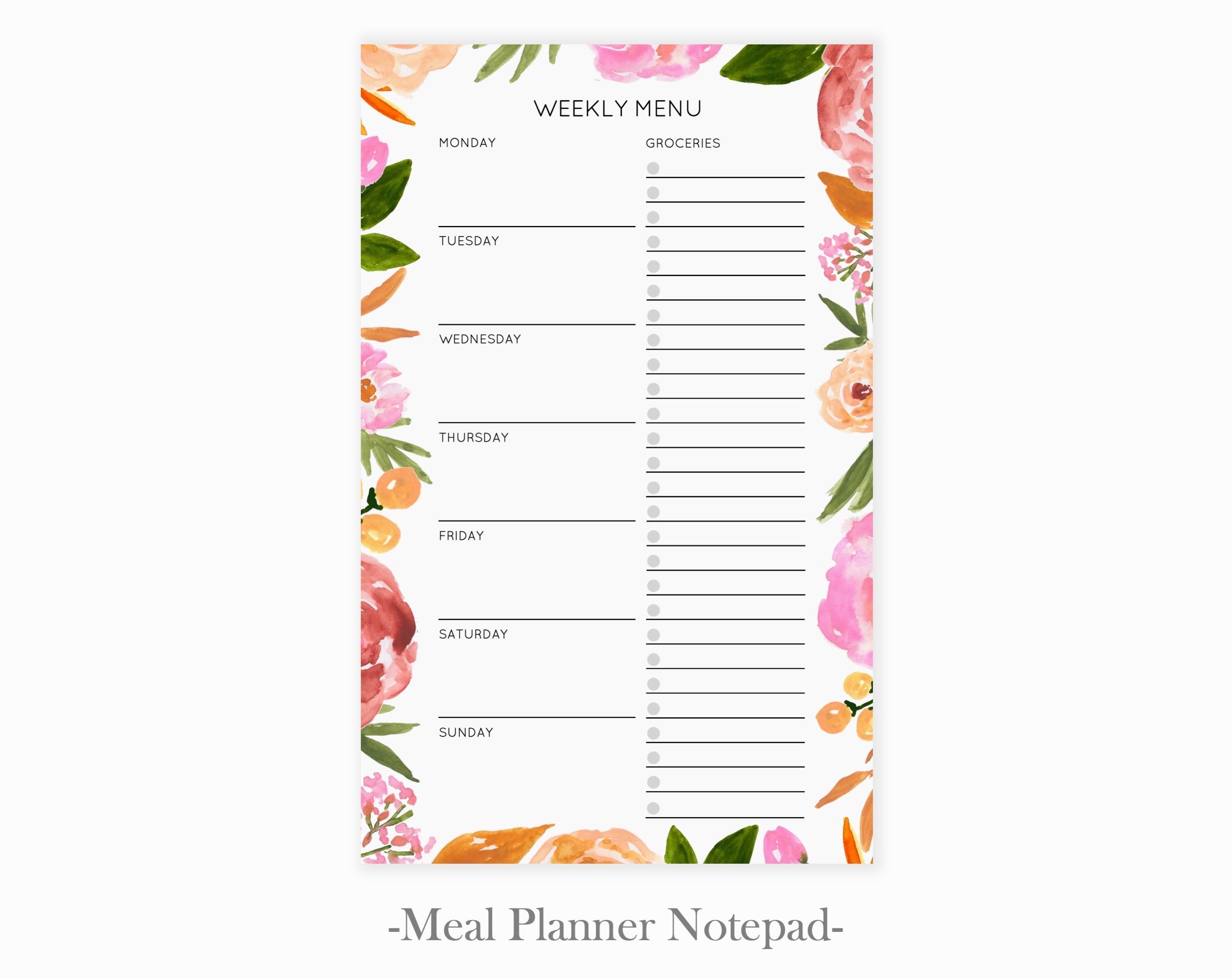 Weekly Meal Planner Notepad Pink Floral Menu Planner Pad | Etsy