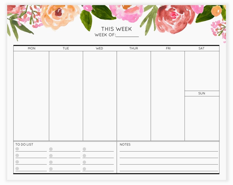 Weekly Planner Pad Pink Floral Weekly Desktop Planner Day - Etsy