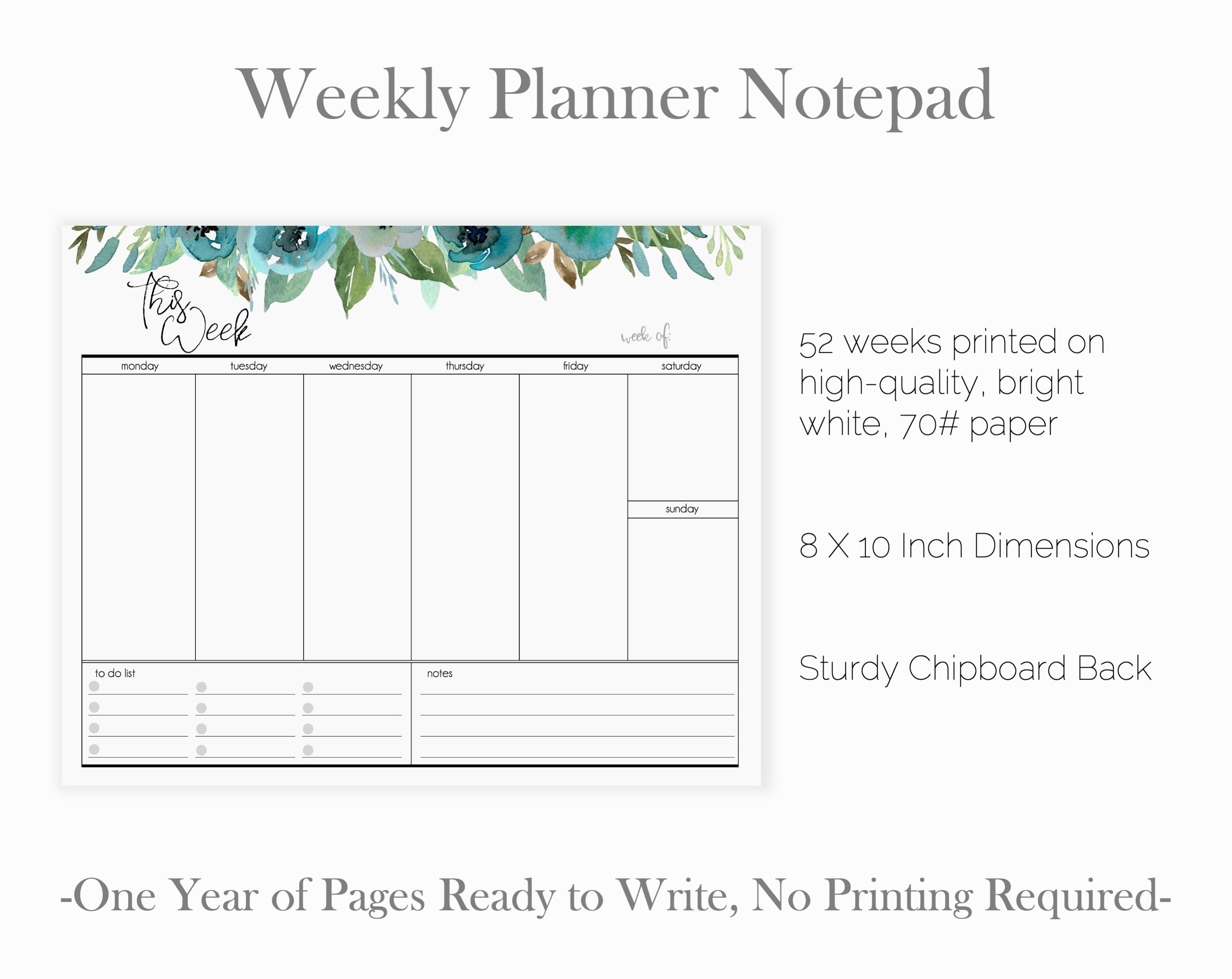 Weekly Planner Pad Blue Floral Weekly Desktop Planner Day - Etsy