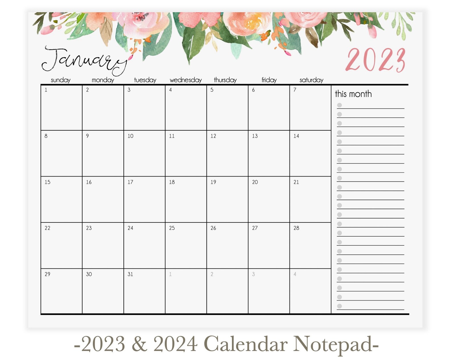 Pink Floral Calendar Notepad Magnetic Calendar for Fridge - Etsy