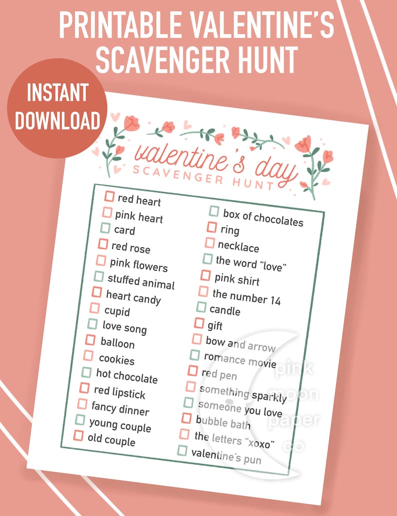 Printable Valentine’s Day Scavenger Hunt, Kids Treasure Hunt, Valentine ...