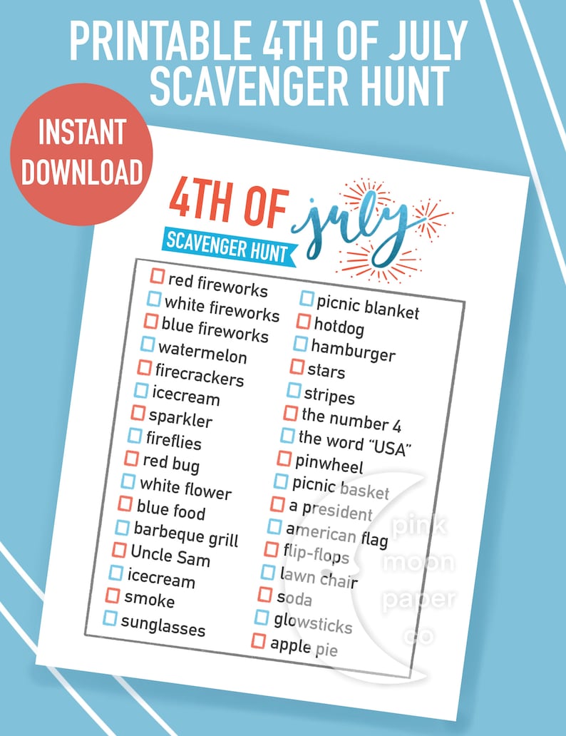 Printable 4th of July Scavenger Hunt, Independence Day, Fun Kids Party ...