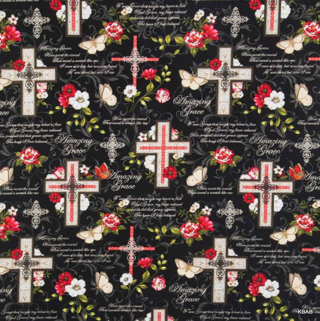 Amazing Grace Fabric Religious Christian Black Fabric Floral | Etsy