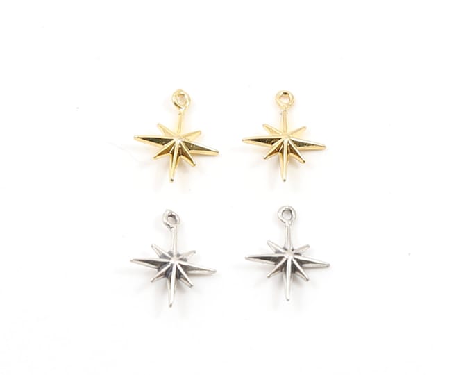 2 Pieces Tiny Small 8 Point North Star Charm Dainty Celestial 18K Gold ...