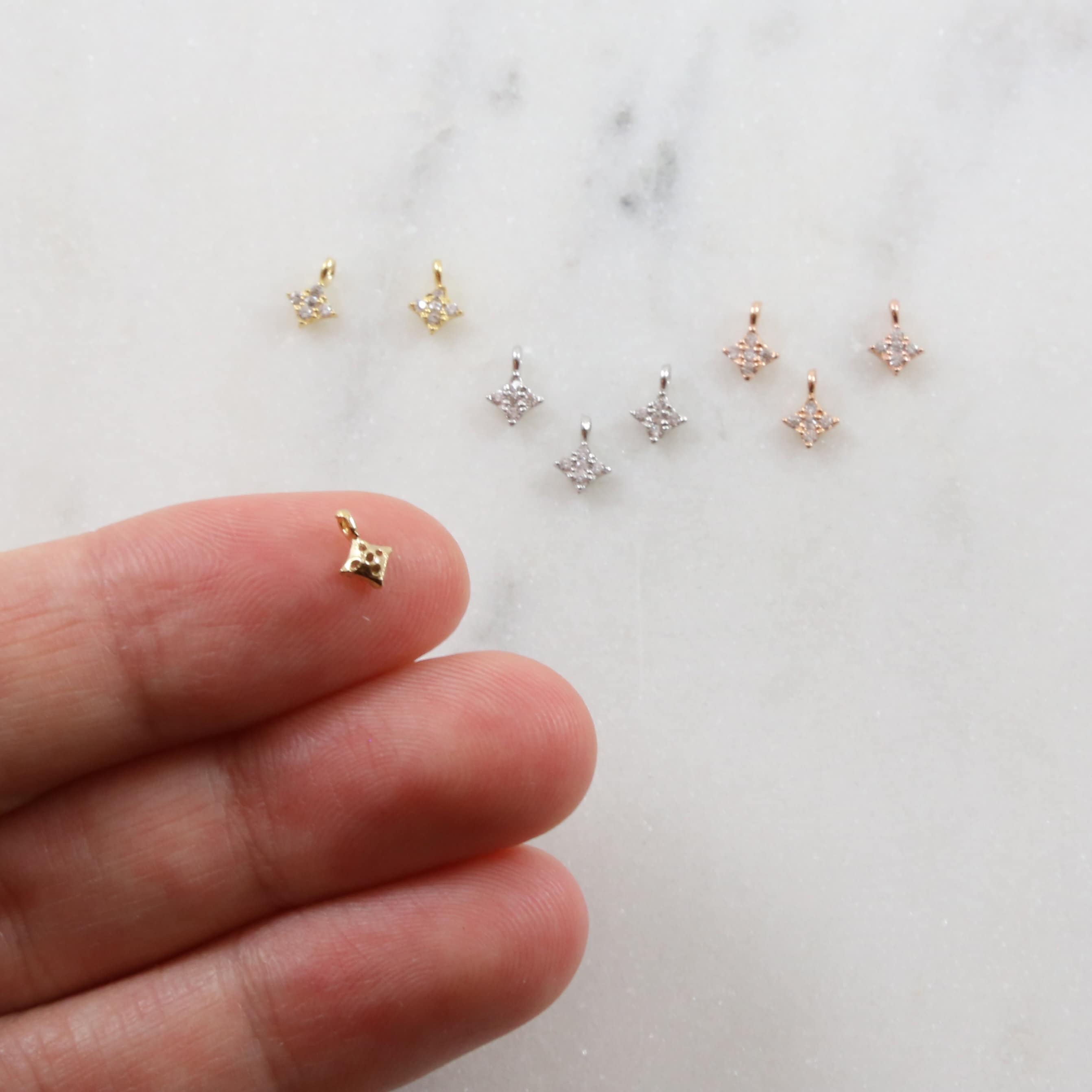 3pcs - CZ 4 Pointed Star Charm 4mm - Gold, Silver, Rose Gold Star, CZ ...