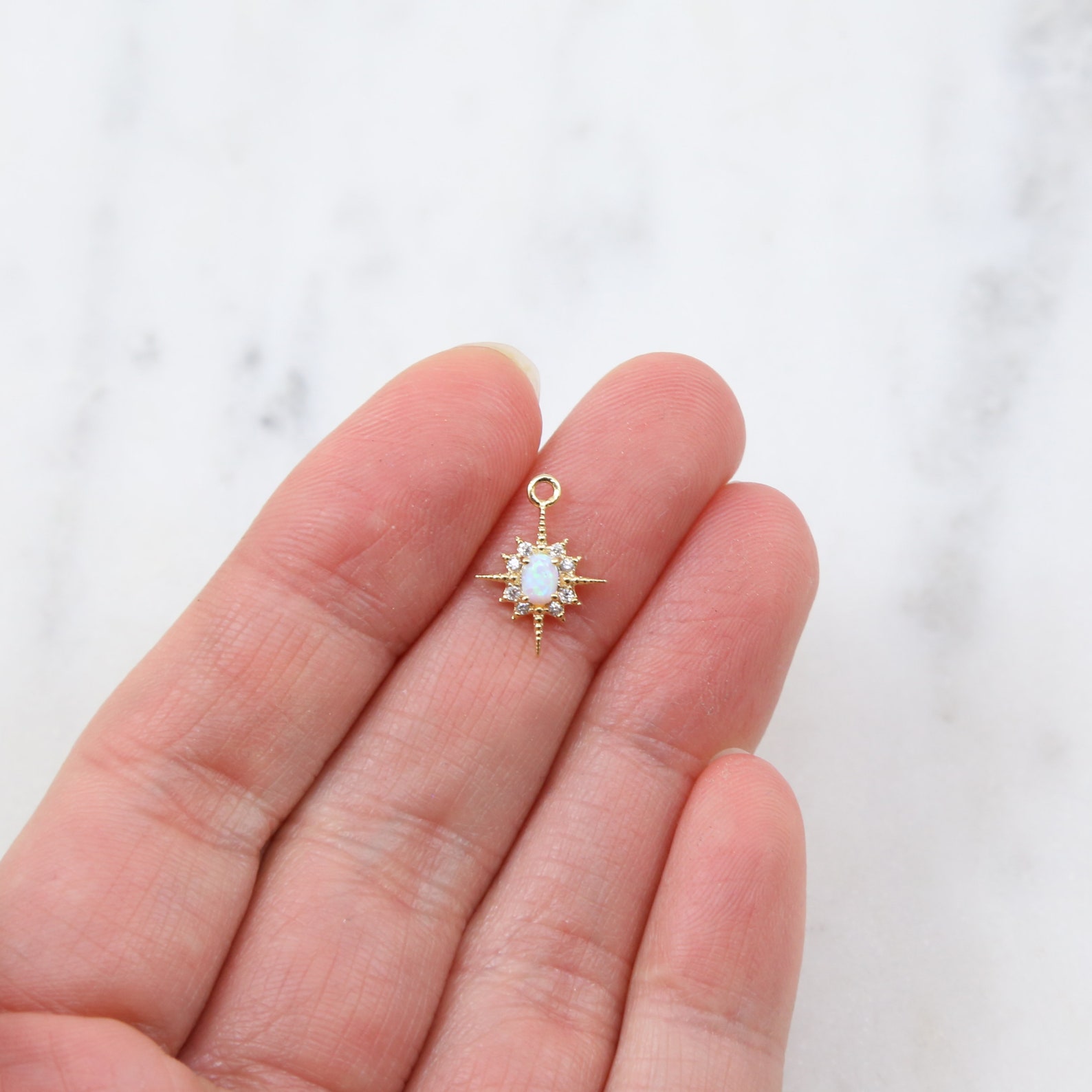 Dainty Oval Opal Celestial Star Charm Gold Charm 4 Point Star Gold CZ ...
