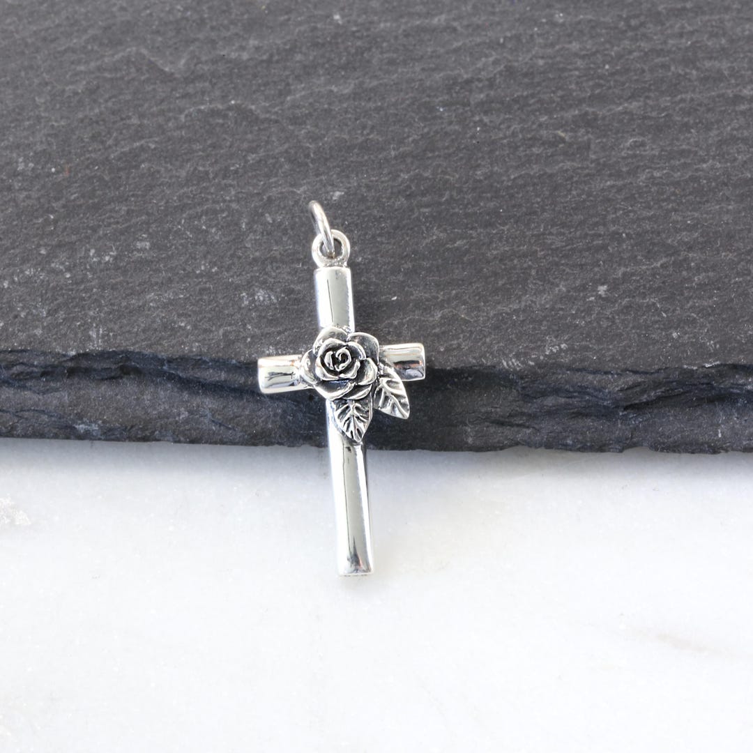 Sterling Silver Thick Cross With Rose and Leaves, Religious Cross ...
