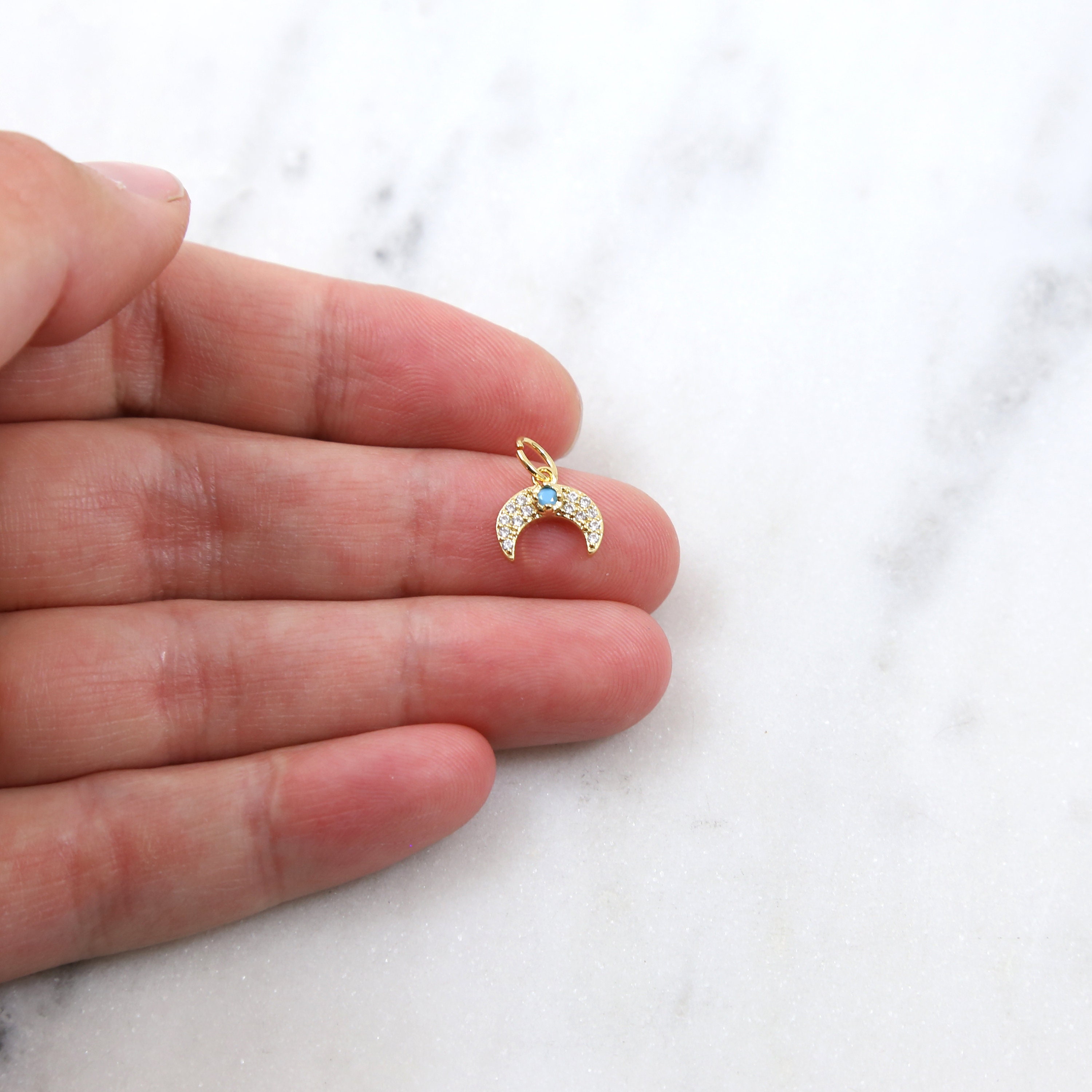 Tiny Cubic Zirconia CZ Crescent Moon Mini Horn Charm Turquoise Colored ...