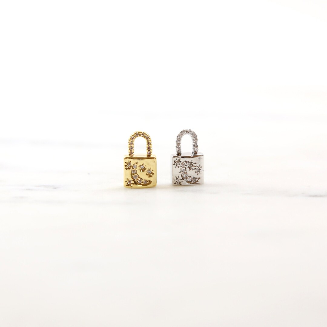 CZ Moon Star Padlock Lock Charm, Shiny Gold, Shiny Silver Thick 3D Lock ...