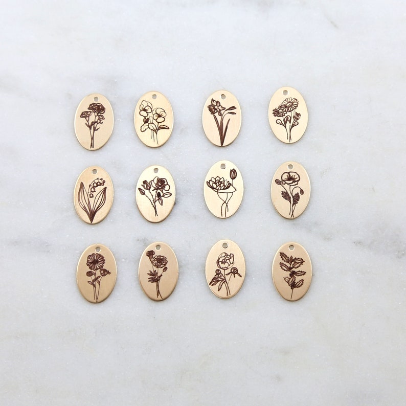 14K Gold Filled Engraved Birth Flower Oval Disc Medallion Charm, Gift ...