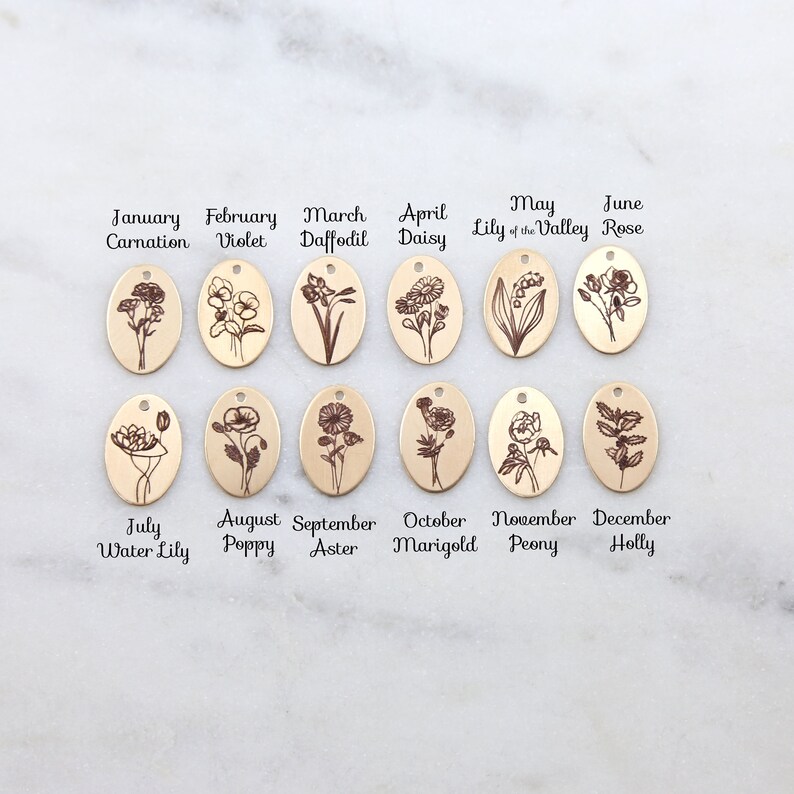 14K Gold Filled Engraved Birth Flower Oval Disc Medallion Charm, Gift ...