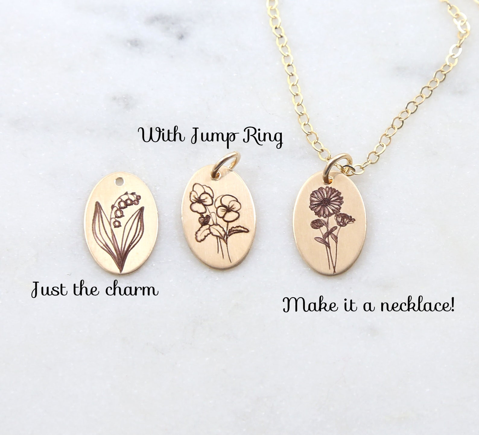 14K Gold Filled Engraved Birth Flower Oval Disc Medallion Charm, Gift ...