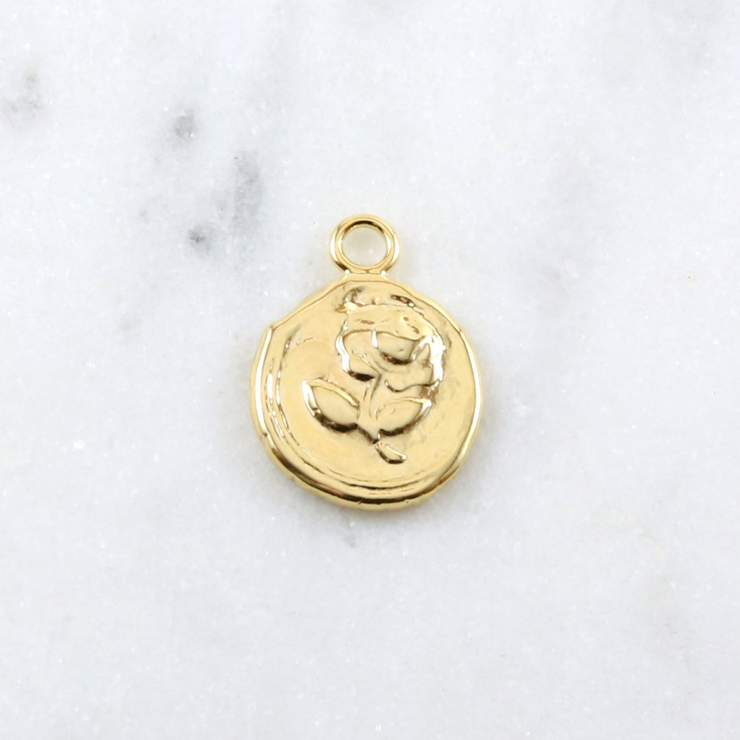 Rose Coin Pendant - 11x13mm Charm, Flower Pendant, Gold Plated Charm ...