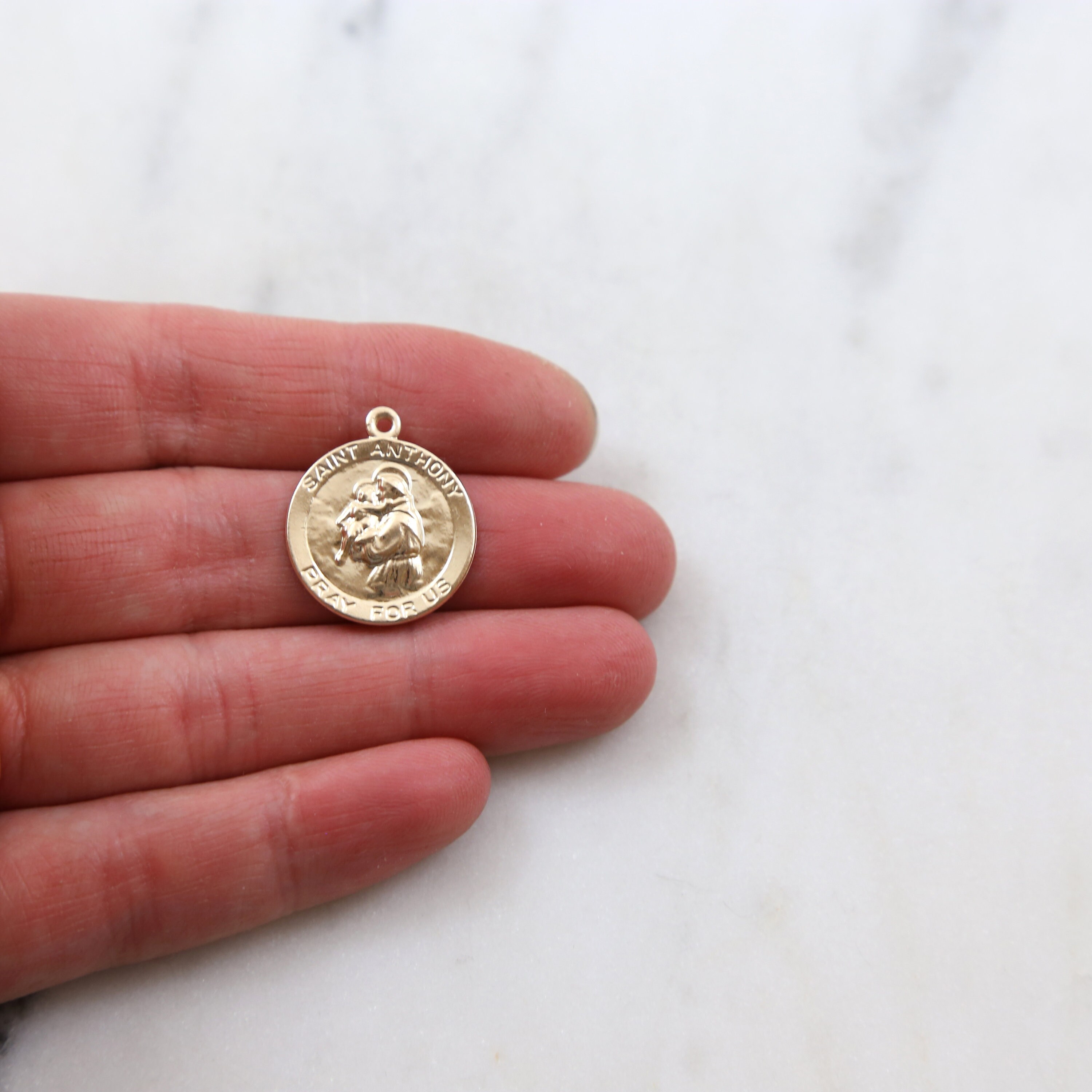 14K Gold Filled Saint Anthony Charm, Pray for Us Catholic Coin Pendant ...