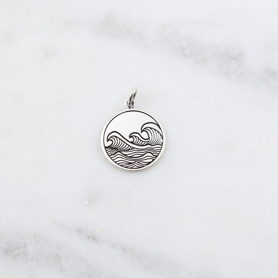 Sterling Silver Etched Waves Coin Circle Charm, Ocean Lover Charm ...