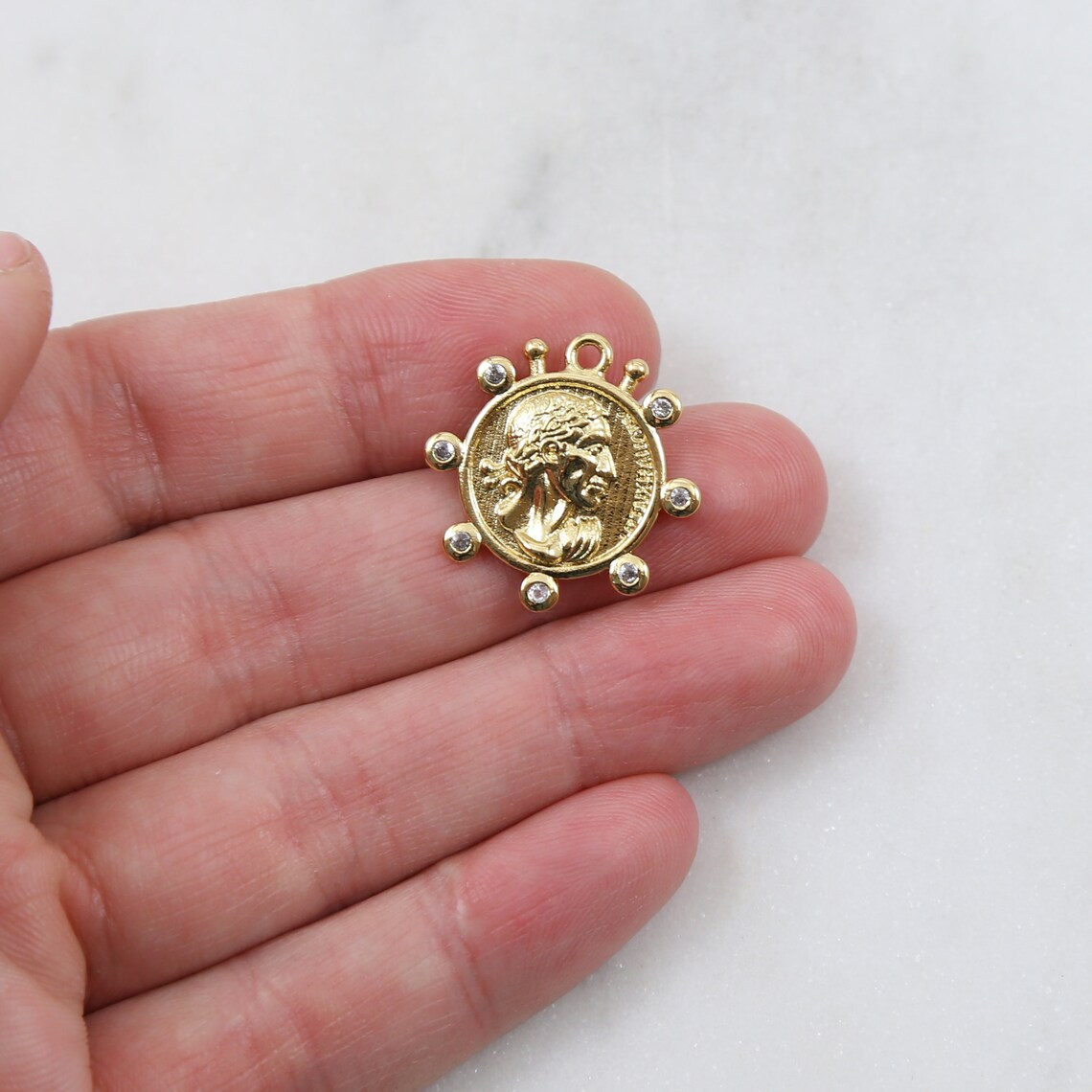 Ancient Greek Coin Charm With CZ Cubic Zirconia Rim Round Medallion ...