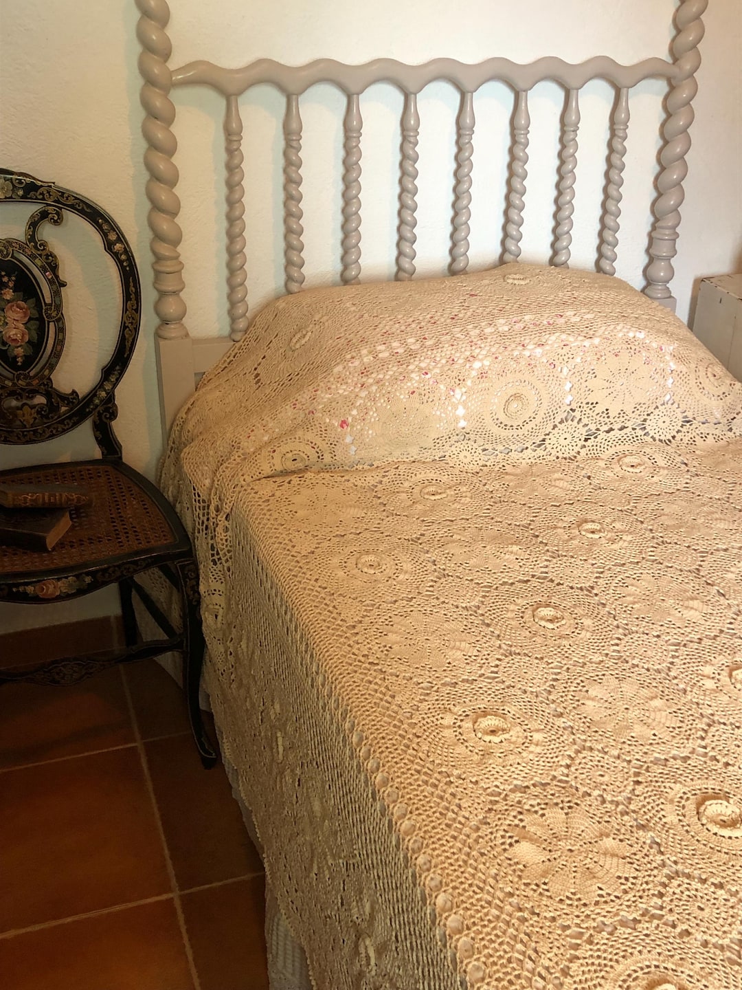 Vintage Hand Crochet Bedspread. Spanish Rustic Blanket. 1970s. Ecru ...
