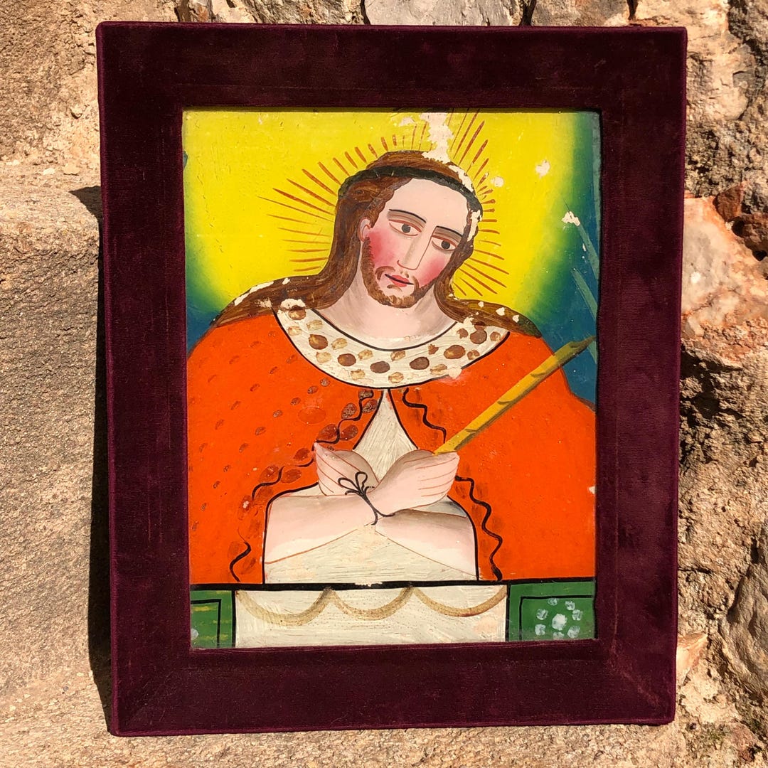 Vintage Antique Religious Retablo Icon. Folk Art Reverse Painting on ...