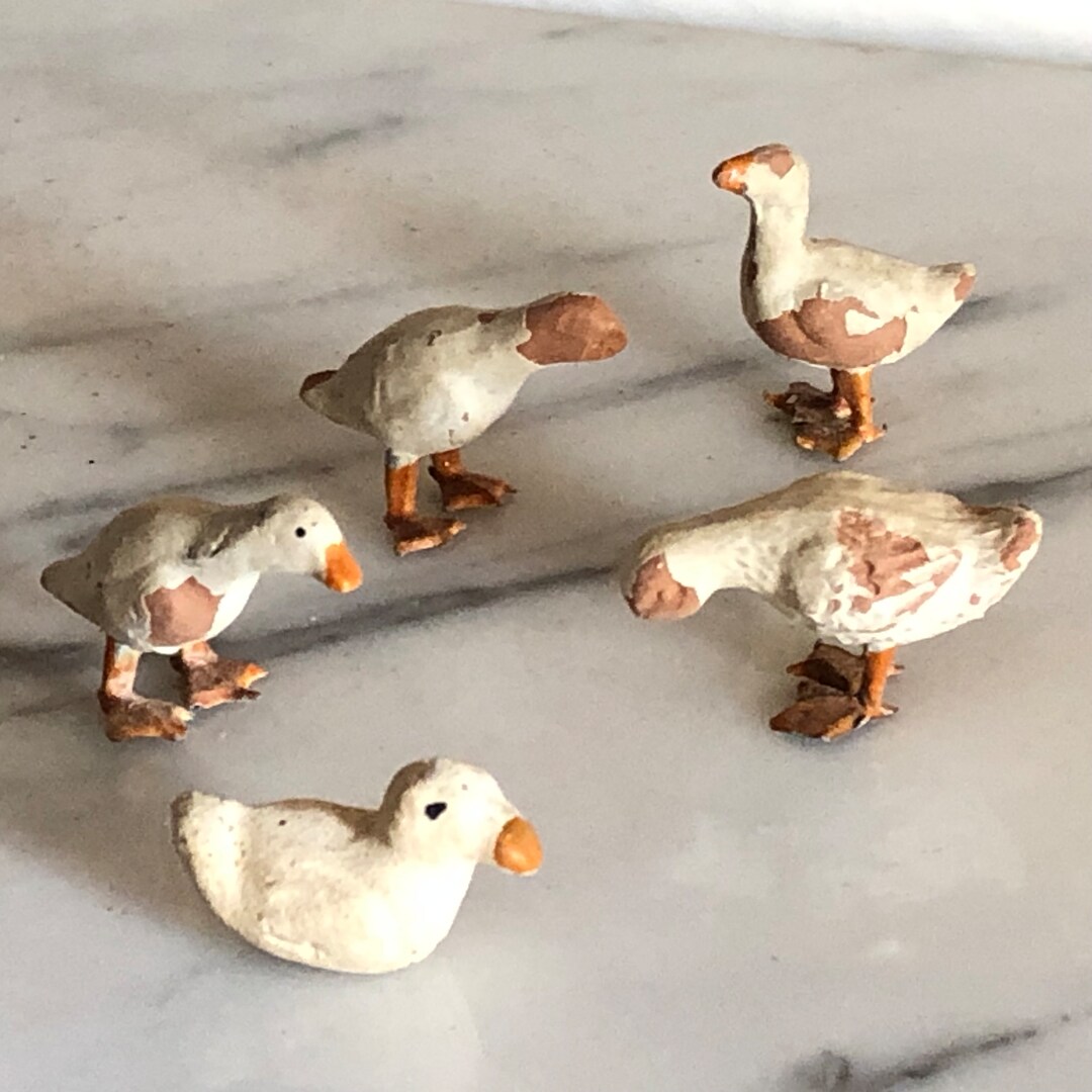 Five Antique Ducks. Vintage Miniature. Tiny 0.8 Inch Primitive Folk Art ...