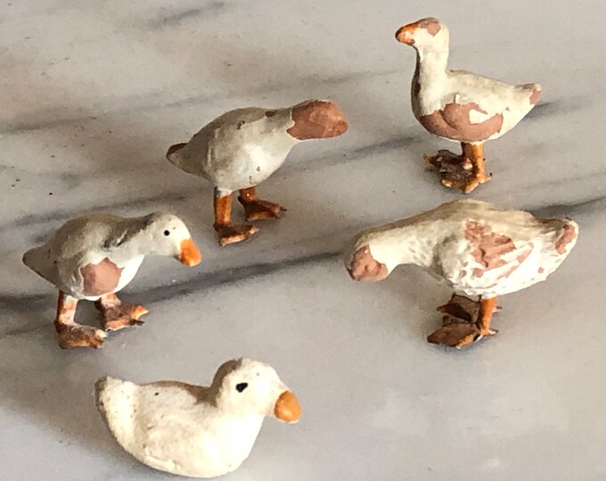 Five Antique Ducks. Vintage Miniature. Tiny 0.8 Inch Primitive Folk Art ...