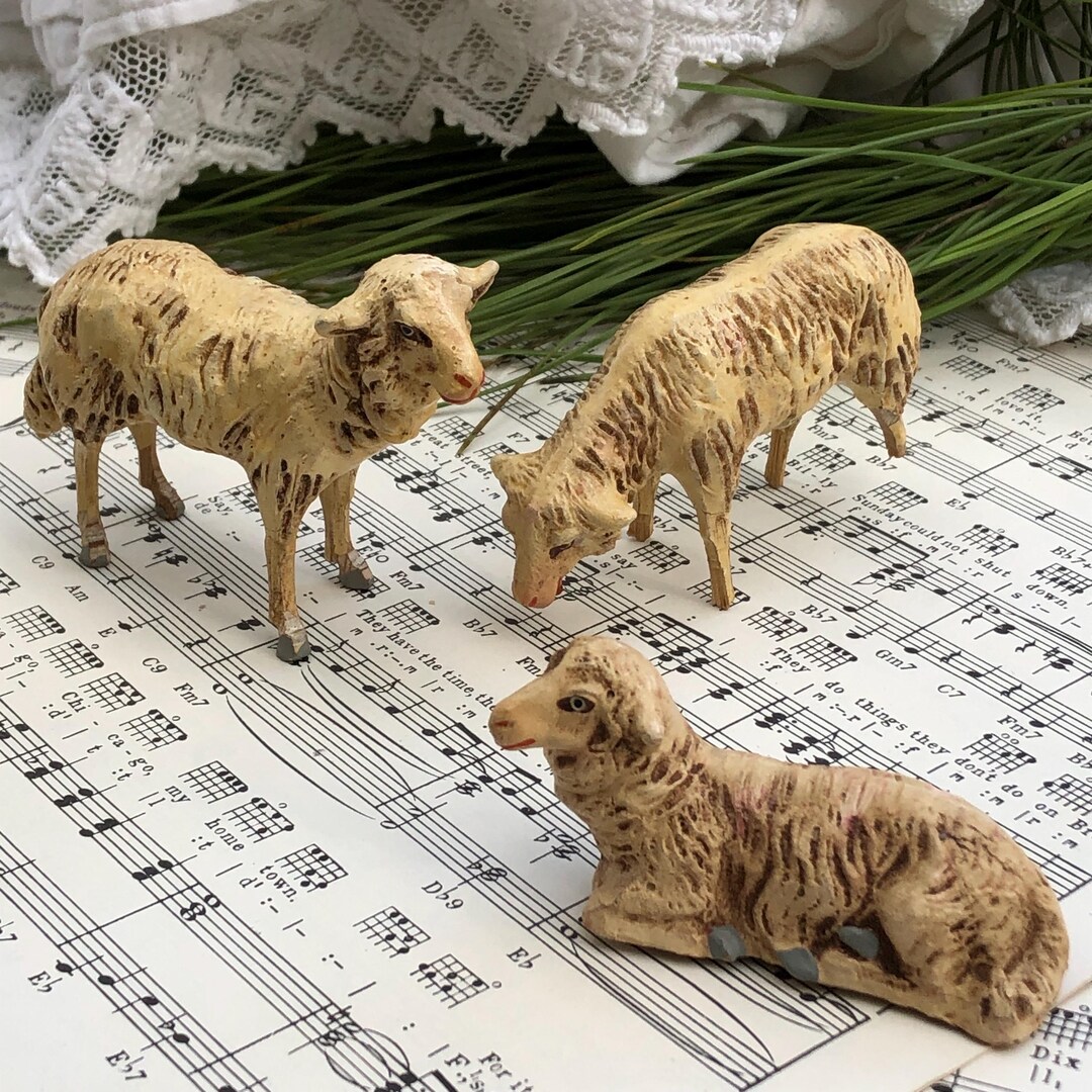 3 Vintage 1930s Sheep. Antique Trio. Stick Legs. Elastolin Composite ...