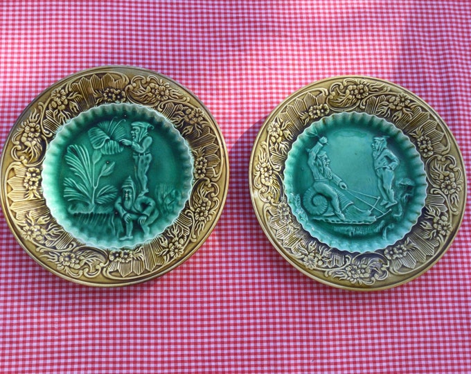 2 Antique Majolica Gnome Plates. Early 1900s. German Collectible ...