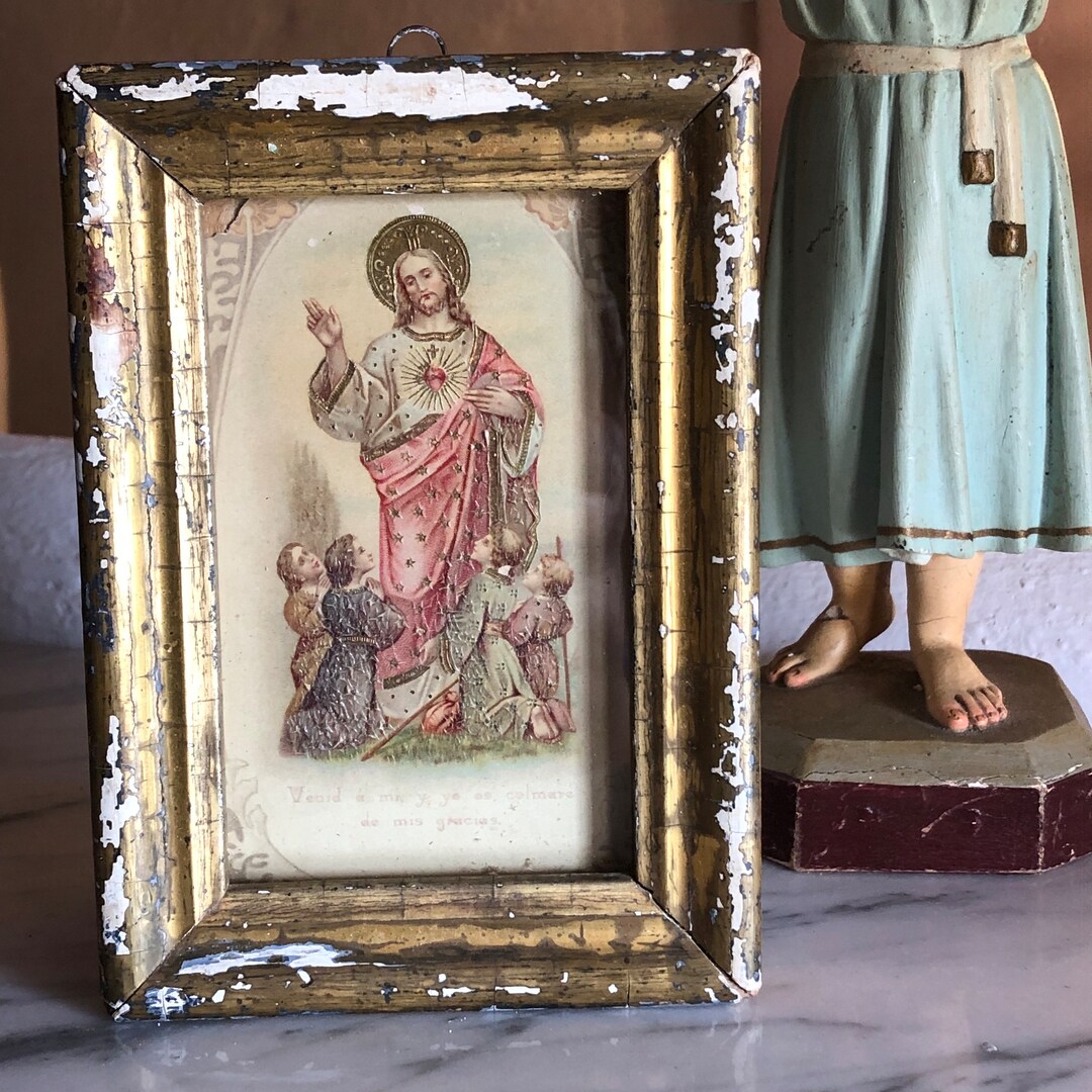 Antique Jesus Sacred Heart Framed Pierced Embossed Print. Wooden Gilded ...