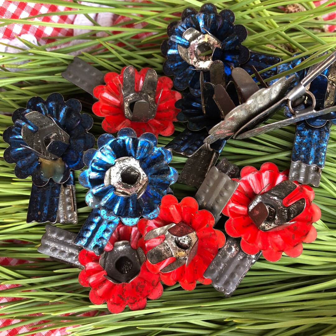 Ten Small Vintage Tin Candle Clips. German Antique Christmas. Red ...