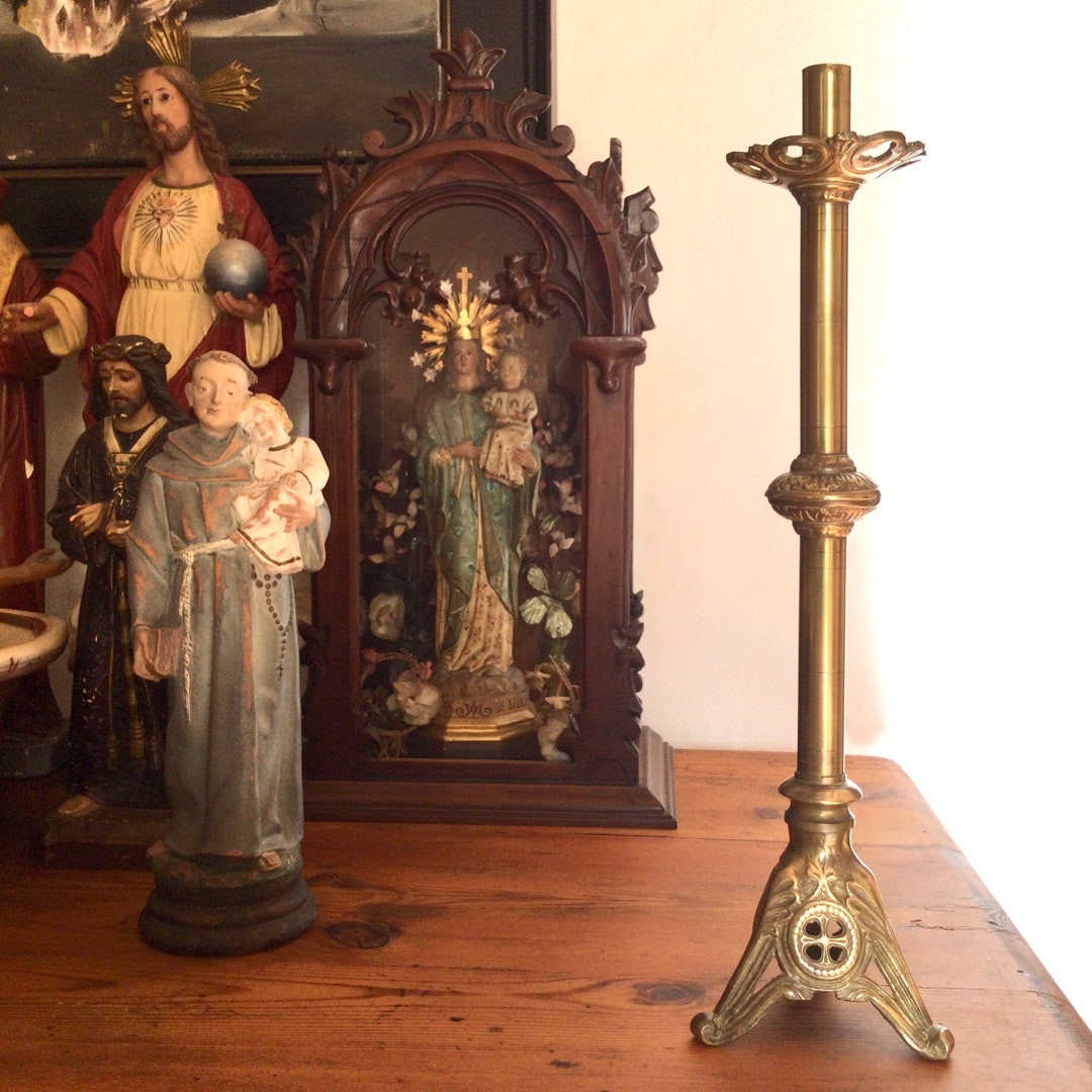 Antique Altar Candlestick. 1900s Gothic Brass Church Candleholder. 16 ...
