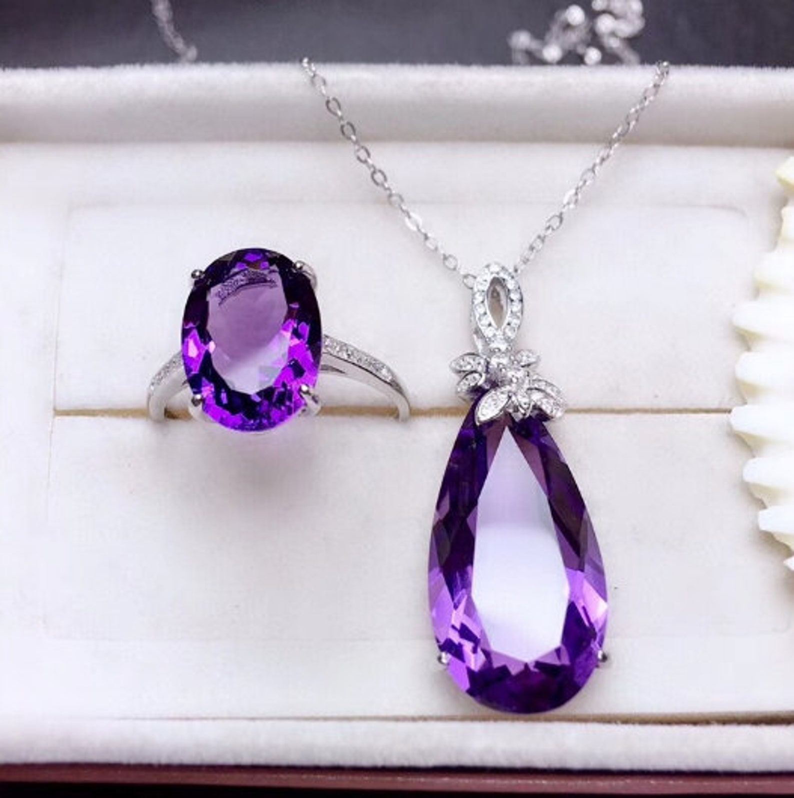 Natural Amethyst Jewellery Set Engagement Pendent Silver - Etsy