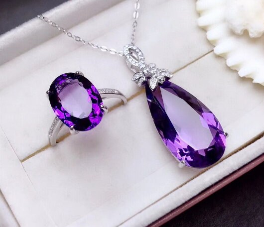 Natural Amethyst Jewellery Set Engagement Pendent Silver - Etsy