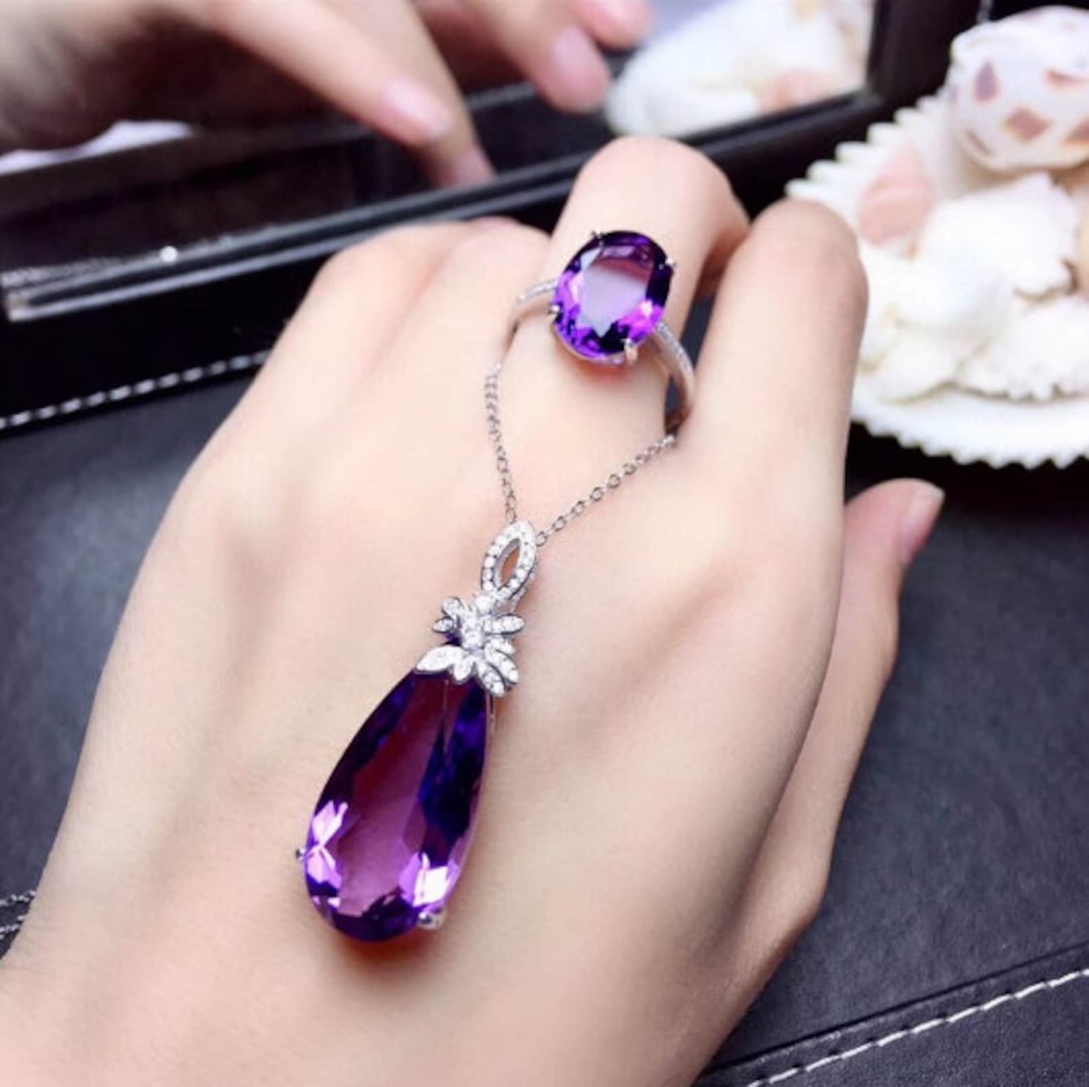Natural Amethyst Jewellery Set Engagement Pendent Silver - Etsy