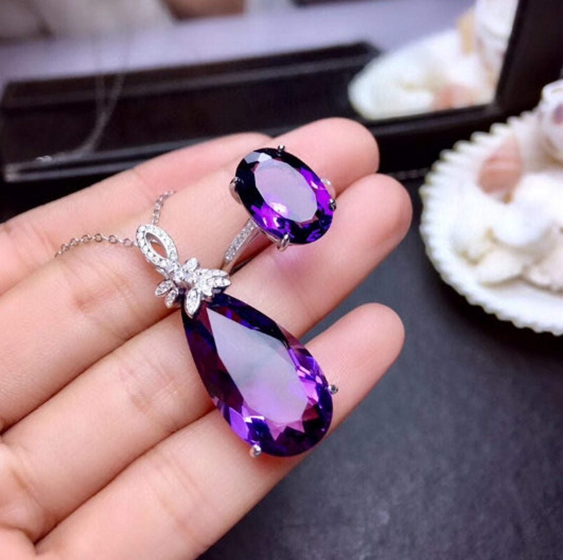 Natural Amethyst Jewellery Set Engagement Pendent Silver - Etsy