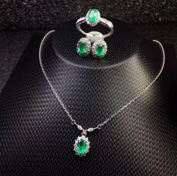 Natural Emerald Jewelry Set Engagement Ring Emerald Silver - Etsy