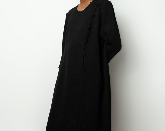 Vintage Black Textured Subtle Floral Jacquard Dress With Self Covered ...