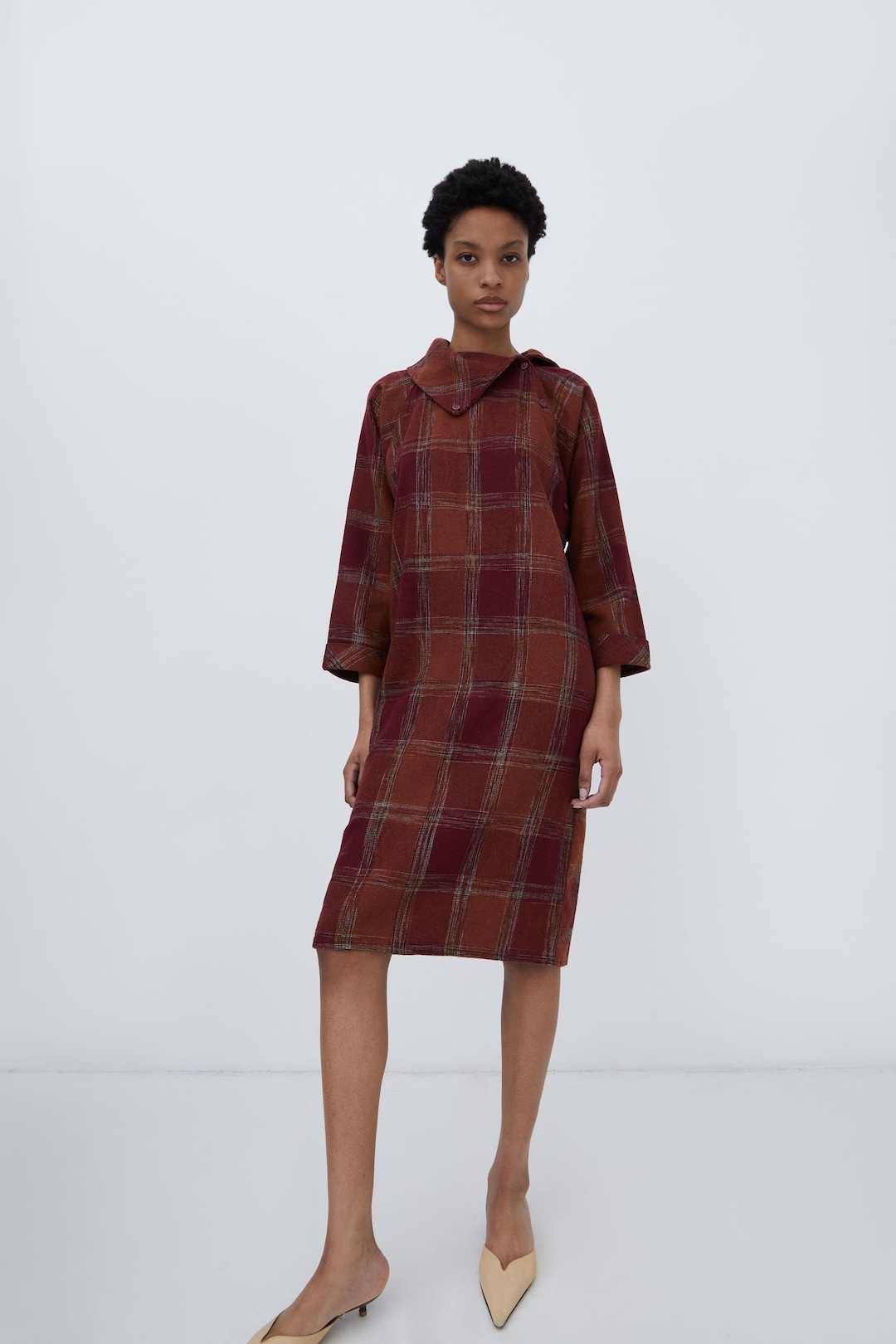 Vintage Deep Red Check Wool Dress Cut From Wool With Boat Collar and ...