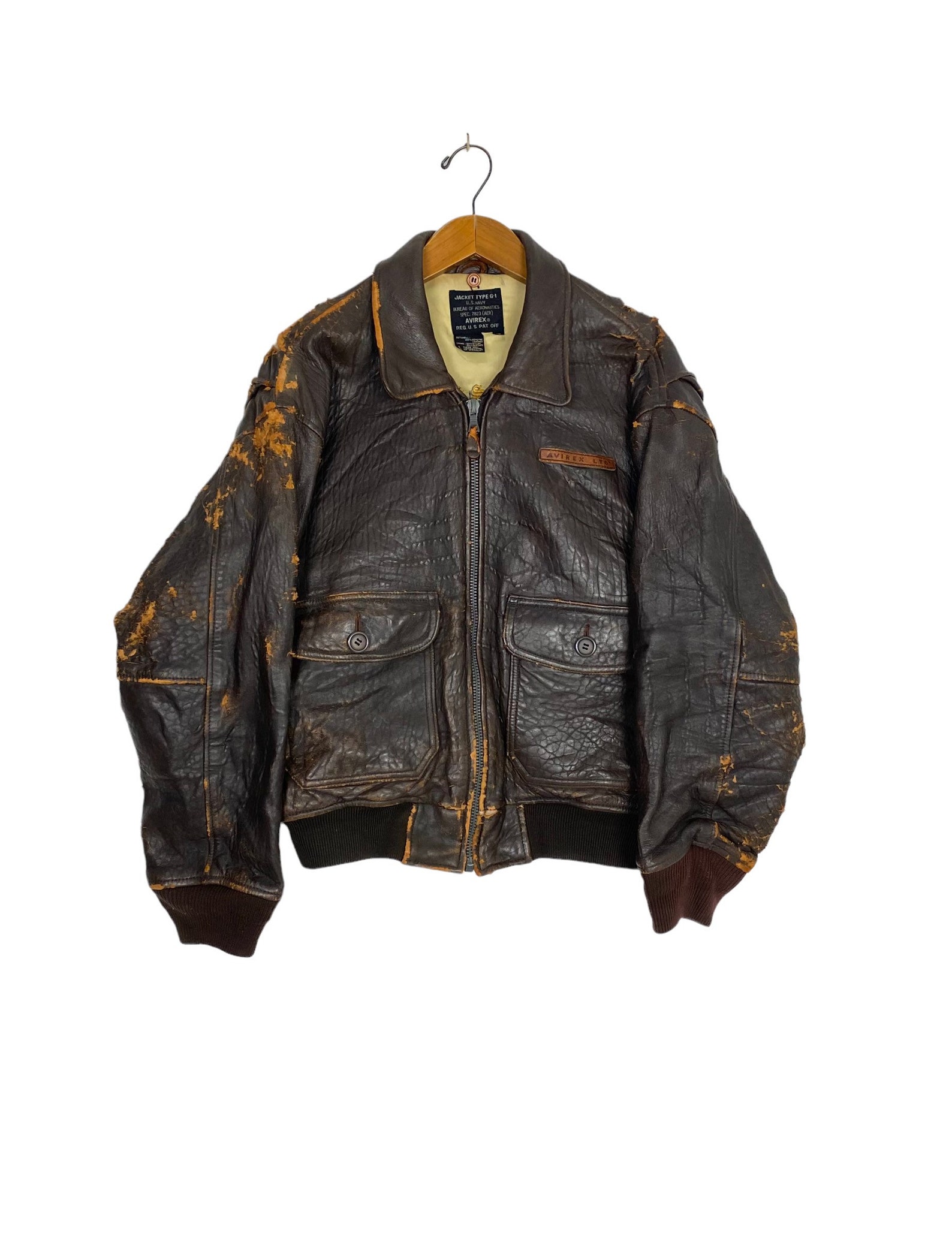 Vintage 80’s DISTRESSED Avirex Type G-1 Leather Flight Jacket Riri Zip Men’s Extra Small Size ...
