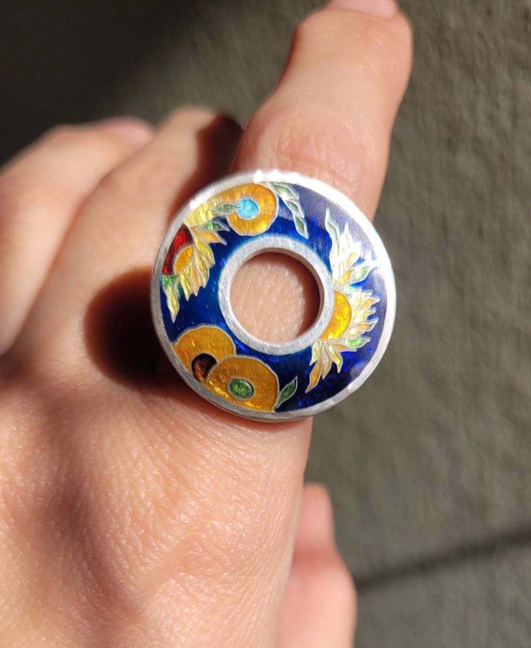 Van Gogh Sunflowers Statement Ring, Cloisonne Enamel Jewelry, Silver ...