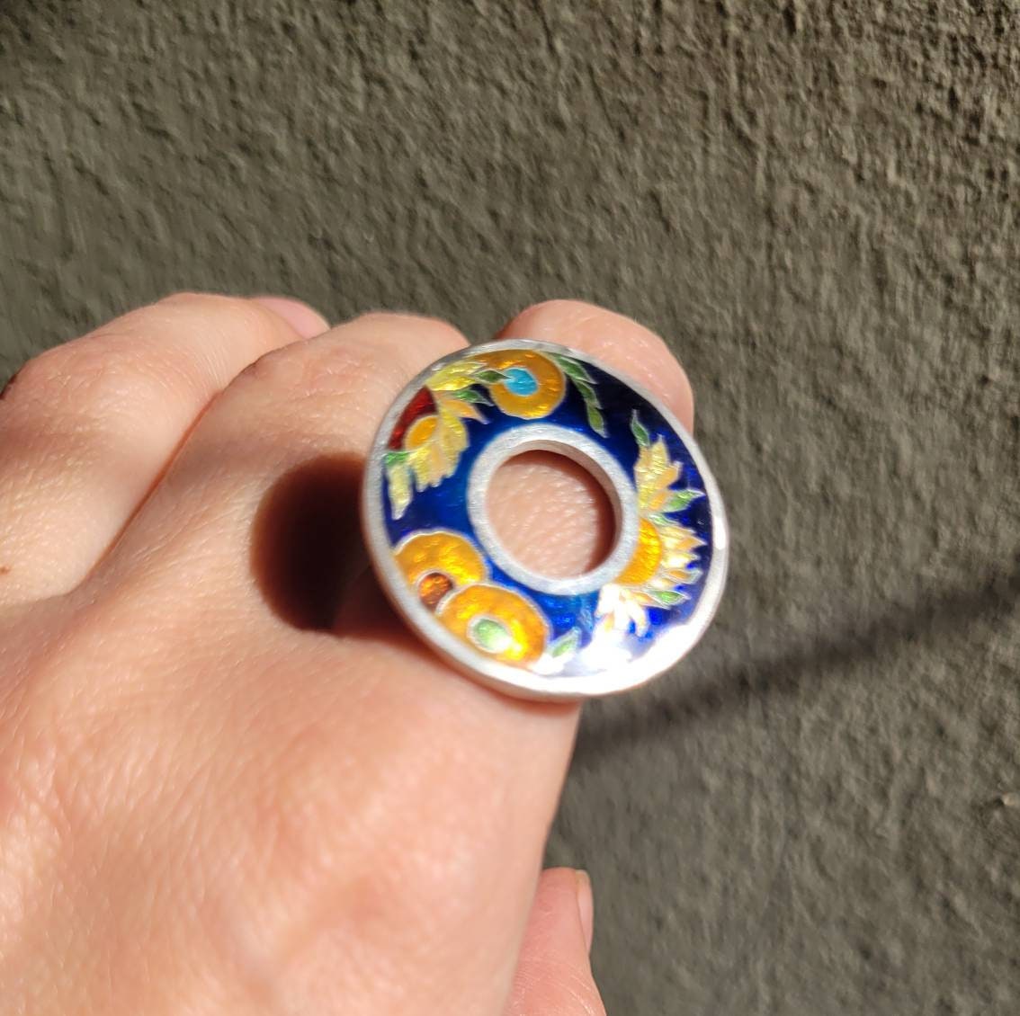 Van Gogh Sunflowers Statement Ring, Cloisonne Enamel Jewelry, Silver ...