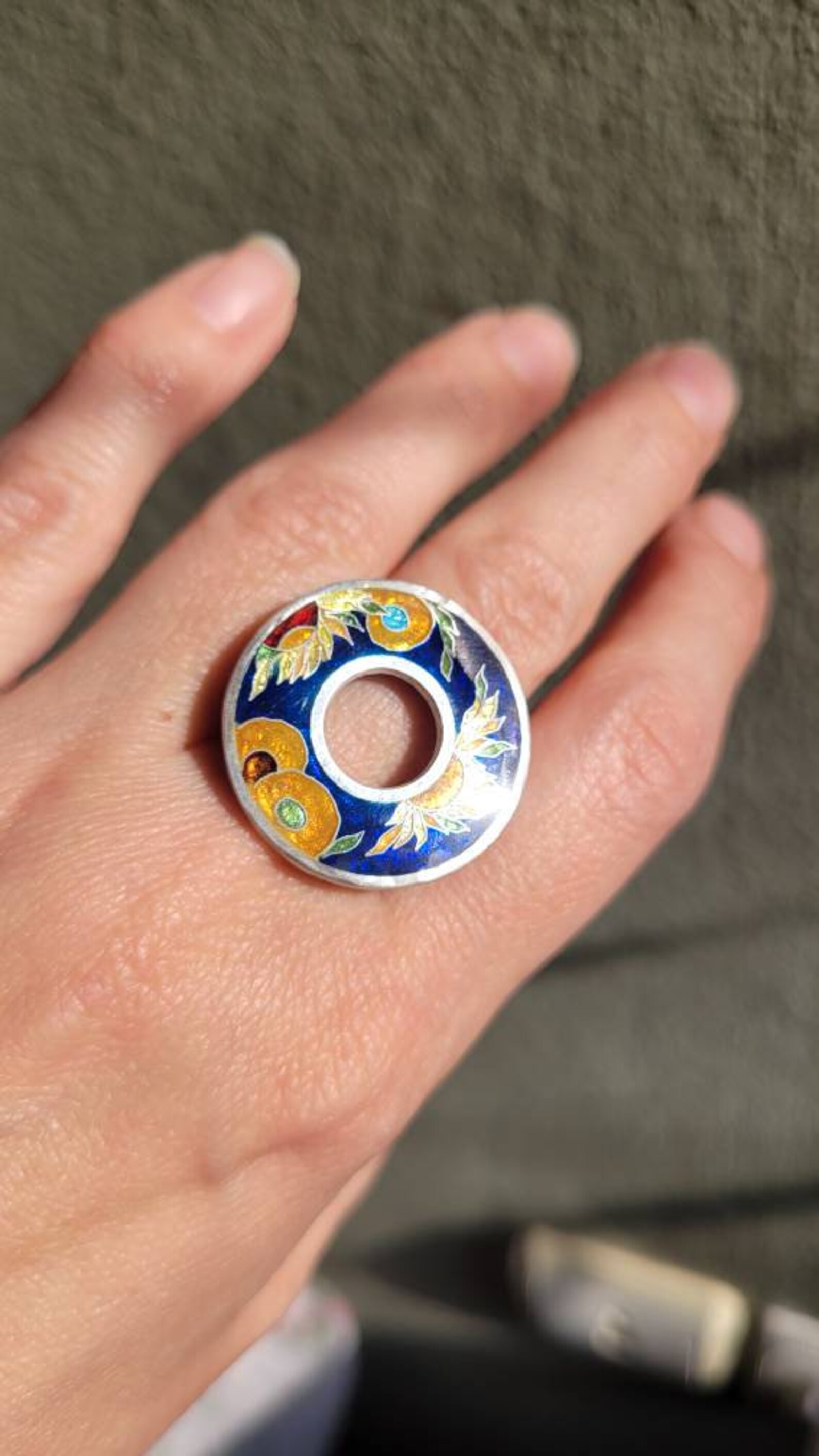 Van Gogh Sunflowers Statement Ring, Cloisonne Enamel Jewelry, Silver ...