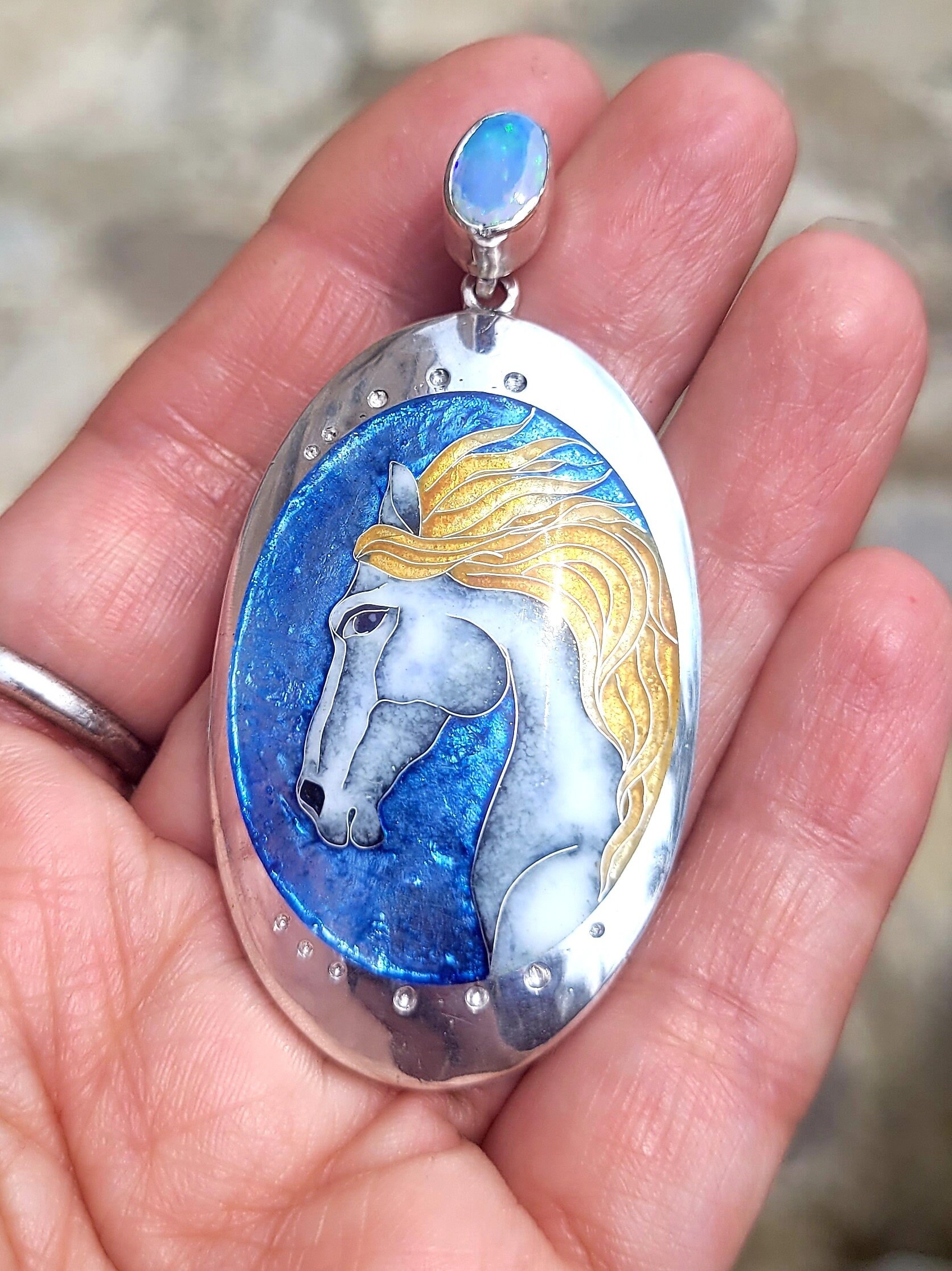 Horse Pendant, Double-sided Jewelry, Wearable Art, Fire Enamel ...