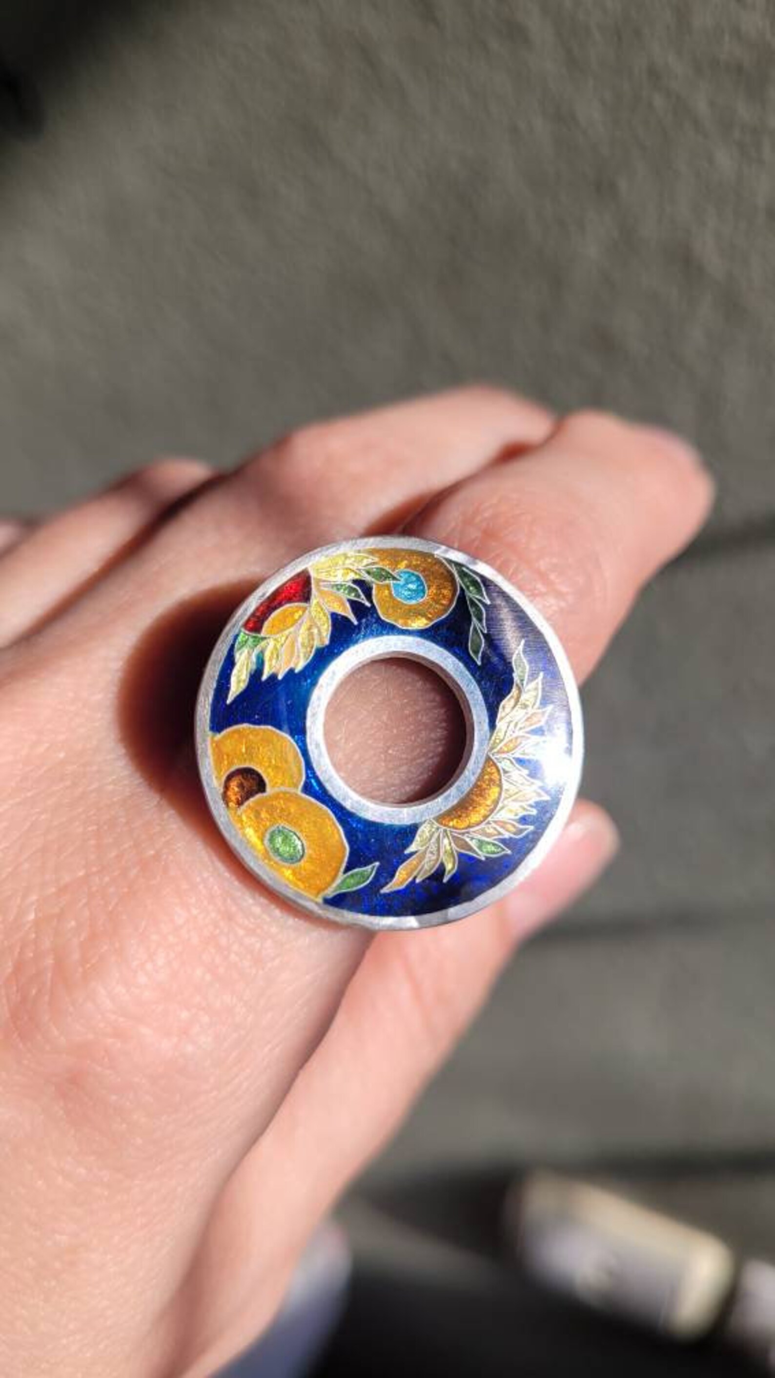 Van Gogh Sunflowers Statement Ring, Cloisonne Enamel Jewelry, Silver ...