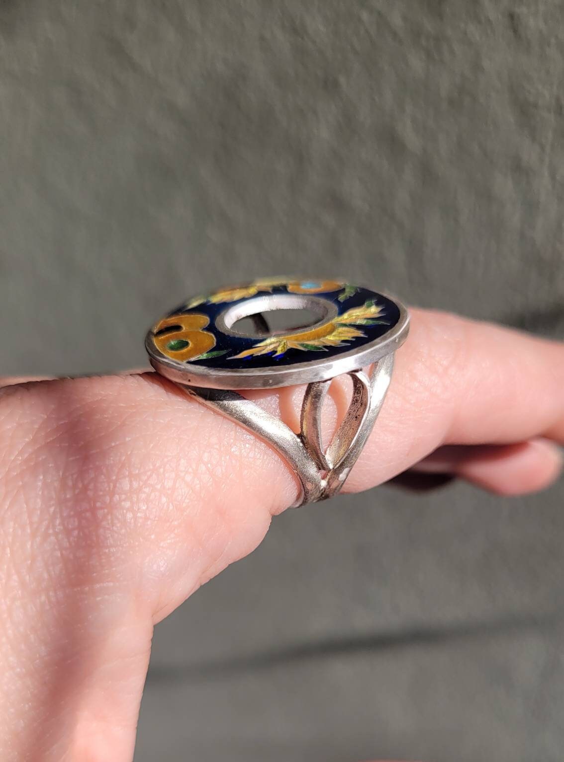 Van Gogh Sunflowers Statement Ring, Cloisonne Enamel Jewelry, Silver ...